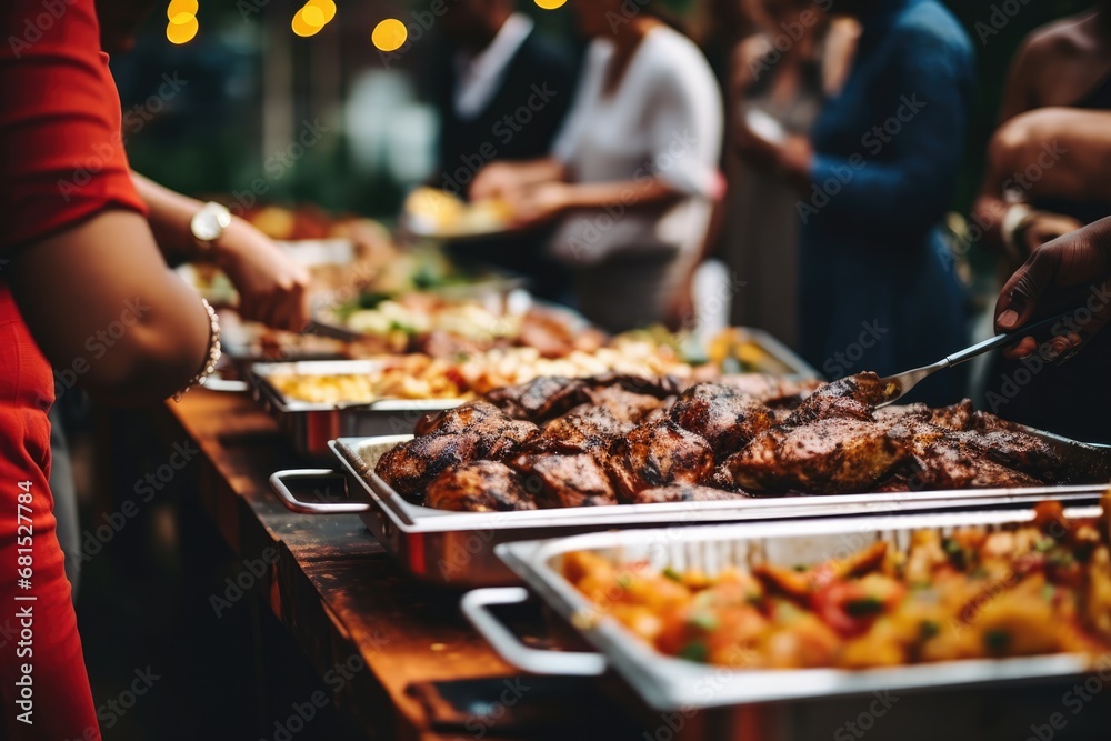 Group Of People At Catering Buffet With Grilled Meat. Сoncept Gourmet ...