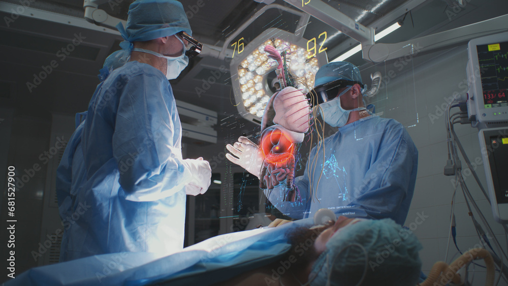 Doctors perform surgery in hospital operating room in VR headsets. 3D ...