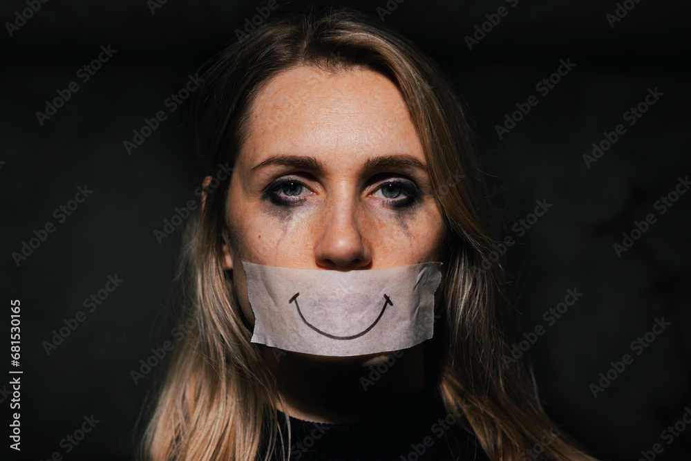 abuse and domestic violence. sad depressed woman hide her mouth behind ...