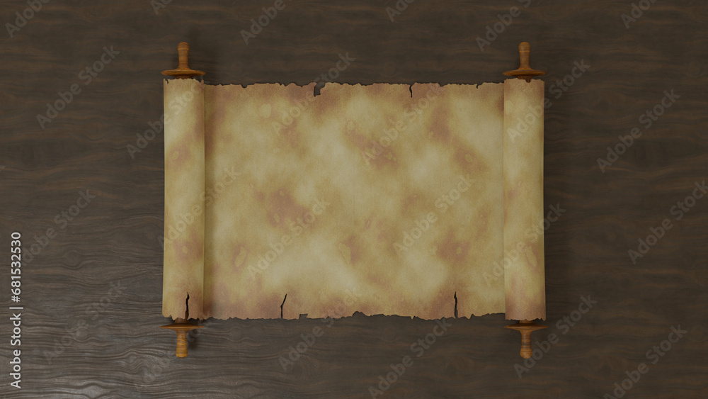 3d rendering of a book scroll of parchment or papyrus. An old book, a ...