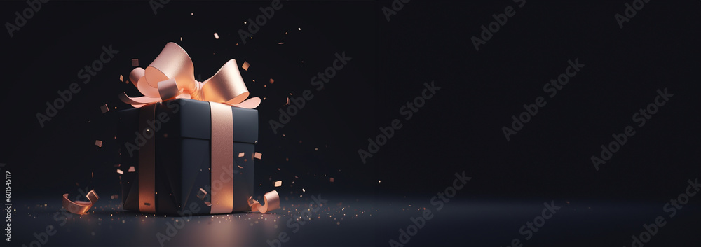 Glowing Gift box with shining light gold and black background ...