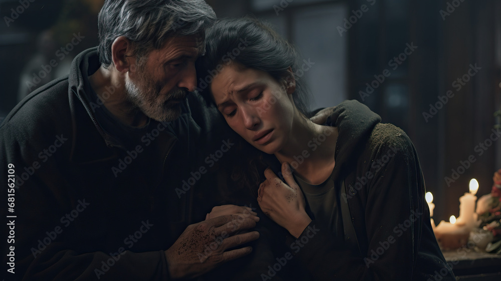 Parents crying mourning the loss of a child dark and moody. Concept of ...