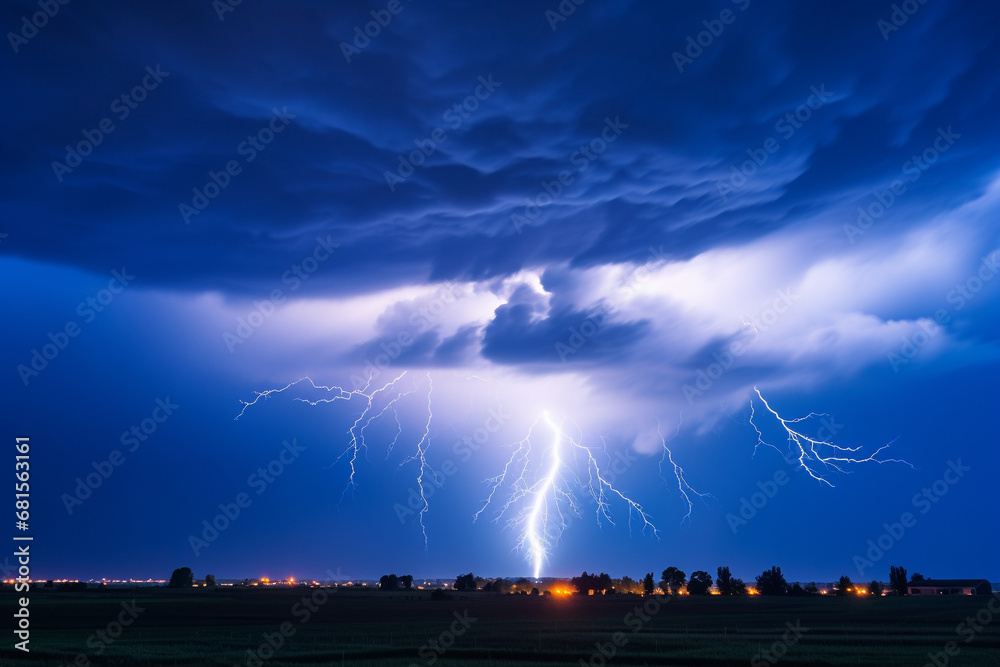 synergy and complexity of thunderstorm with lightning, embodying turbulent clouds, electrical ...