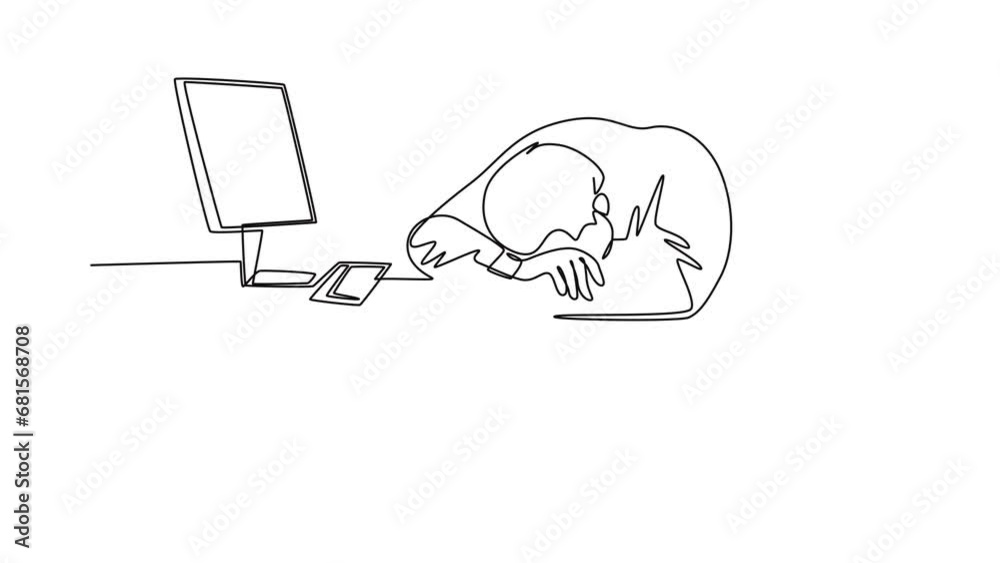 Self drawing animation of single line draw young sleepy startup CEO ...