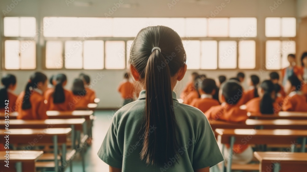 Back view of a pupil girl participating in class. Stock Photo | Adobe Stock