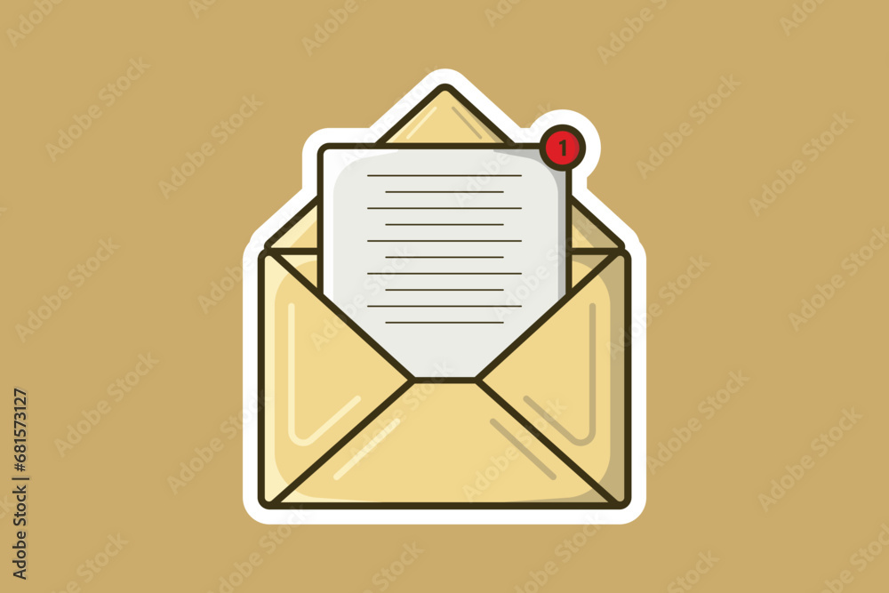Open Mail Envelope with Paper Document and Notification Sticker design ...