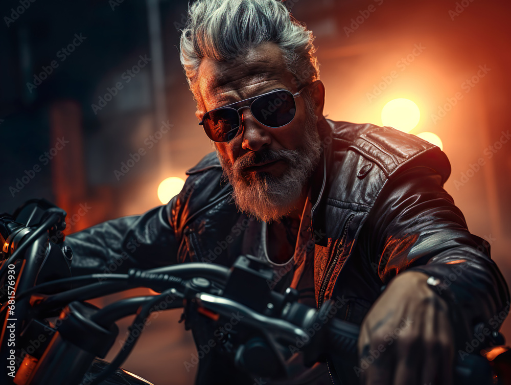mature middle age male hipster astride motorcycle. Portrait of senior ...