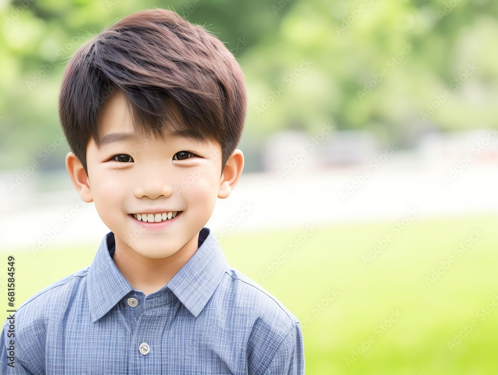 Portrait of a cute korean kid boy smiling with stylish hair and strong ...