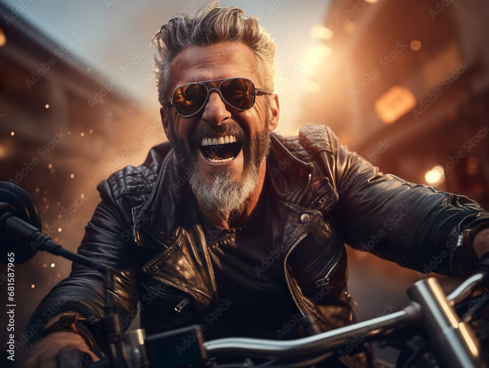 mature middle age male hipster astride motorcycle. Portrait of senior ...