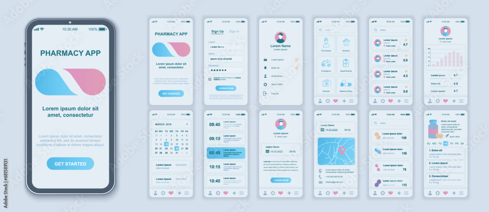 Vetor de Pharmacy mobile app interface screens template set. Account ...