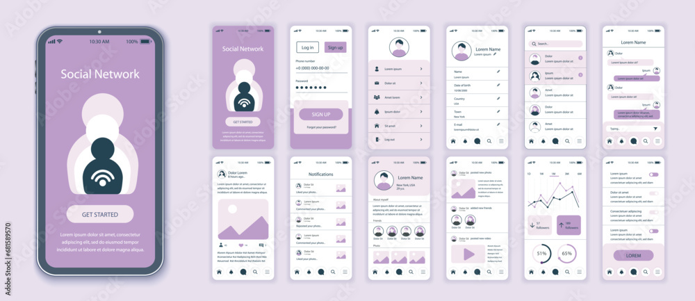 Social network mobile app interface screens template set. Account login ...