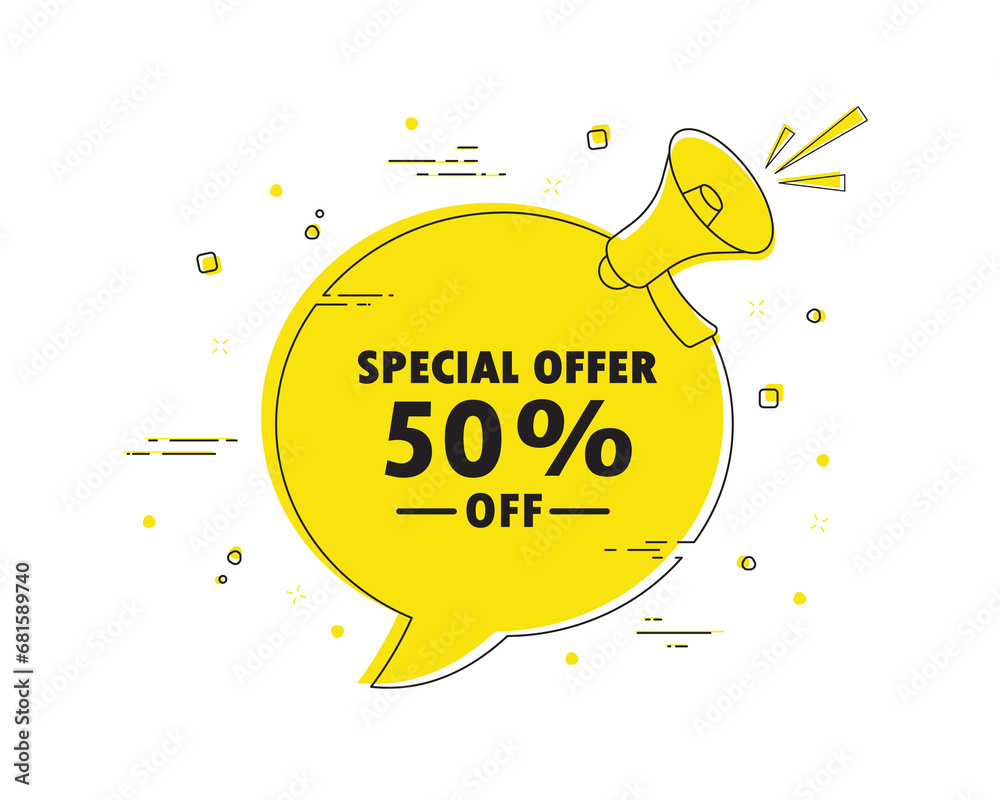 special offer 50% off. Megaphone chat bubble banner alert. Discount ...