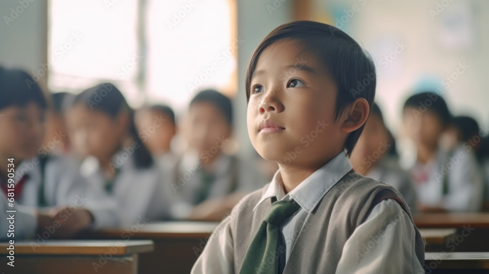 Asian pupil boy from different backgrounds studying together in a ...