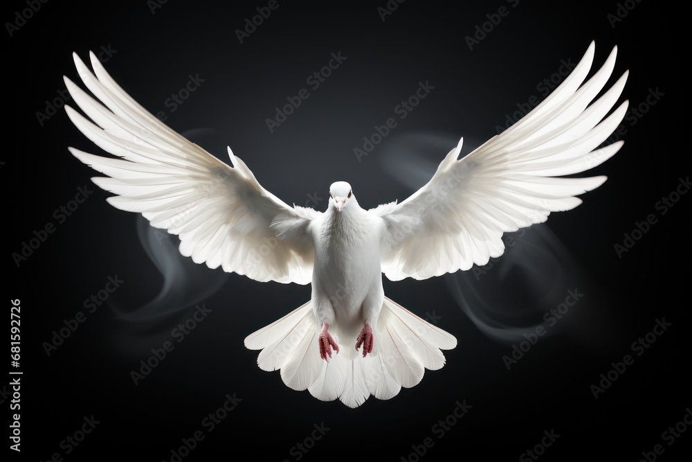 a white dove with its wings spread out in front of a black background ...