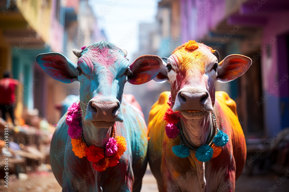 Sacred cows of India walk on the street colorful paint on the cows to ...
