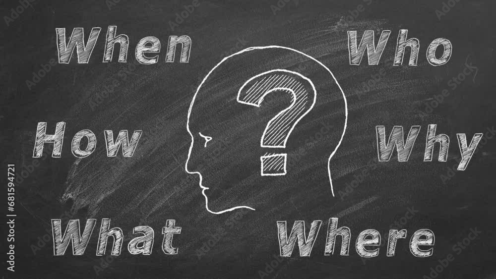 Human head with question mark and six most common questions Who, What ...