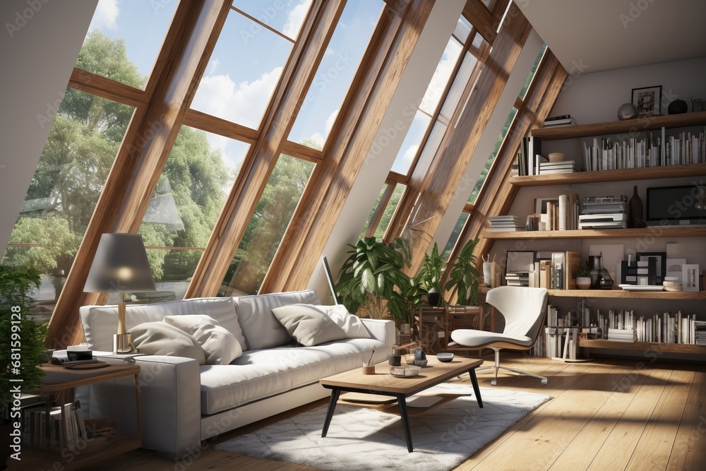 Modern luxury interior background with panoramic windows and nature ...