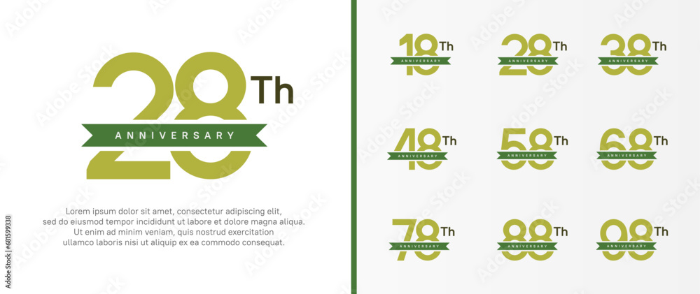 set of anniversary logo green color number and green ribbon on white ...