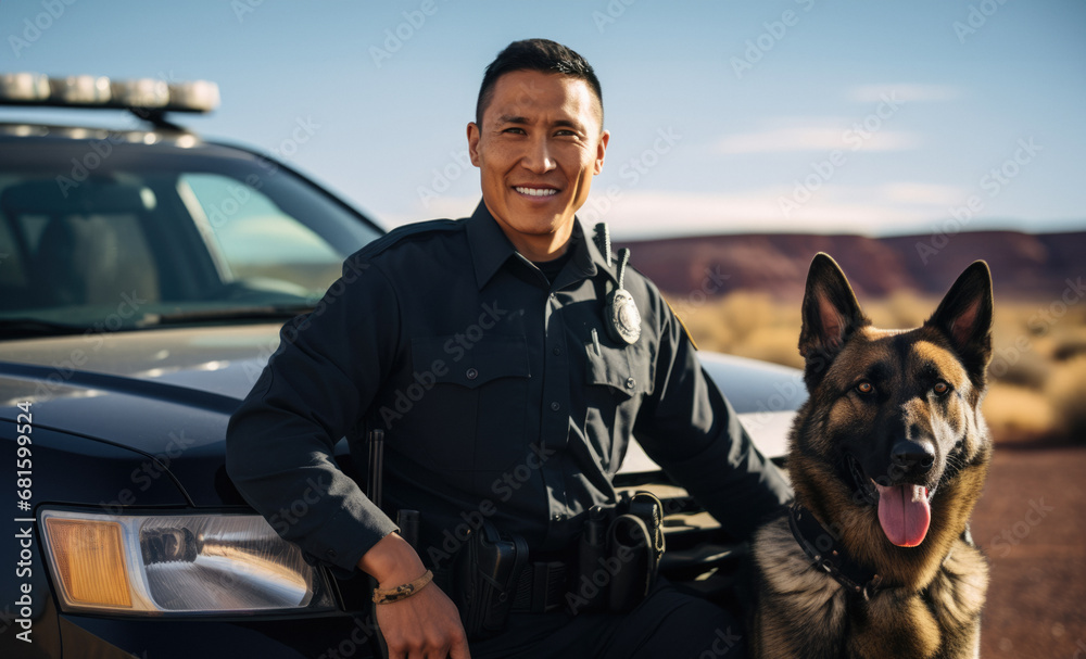 Native American Indian policeman with his police dog in front of a ...