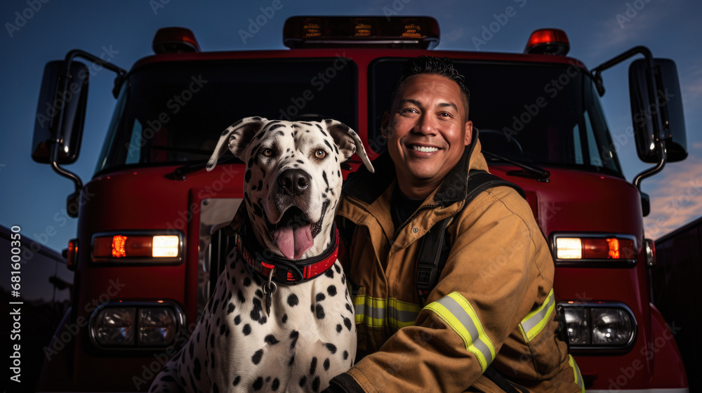 Native American Indian fireman posing with his dog in front of a red ...