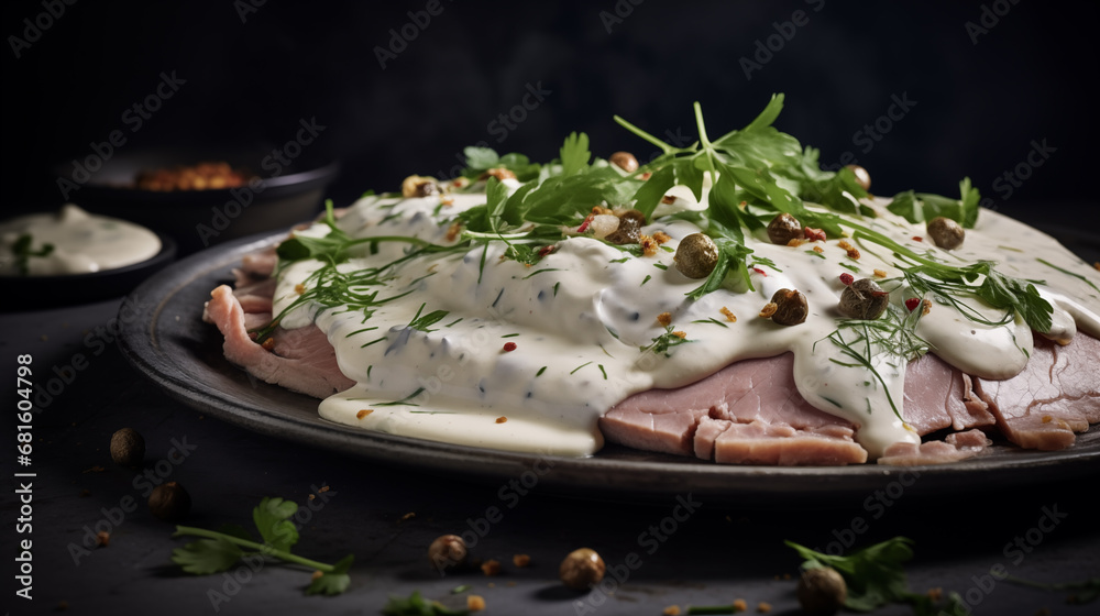 delicious Italian vitello tonnato modern food photography in rustic ...