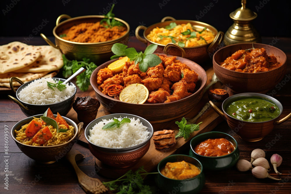 Assorted Indian food on wooden background. Dishes and appetizers of ...