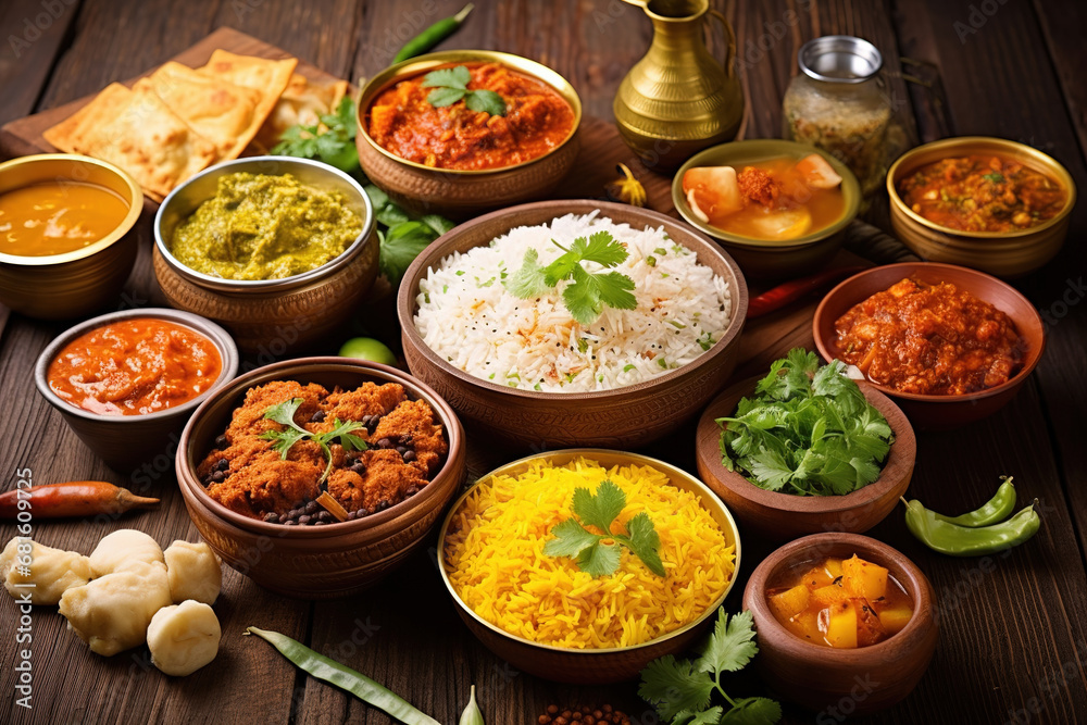 Assorted Indian food on wooden background. Dishes and appetizers of ...