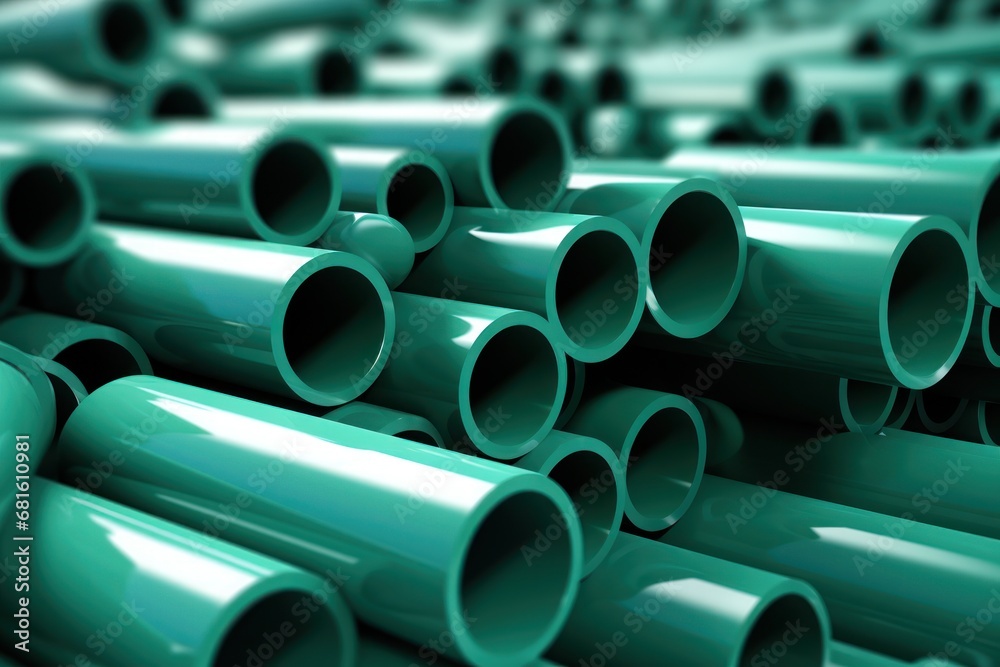 a large pile of green pipes stacked on top of each other in a warehouse ...