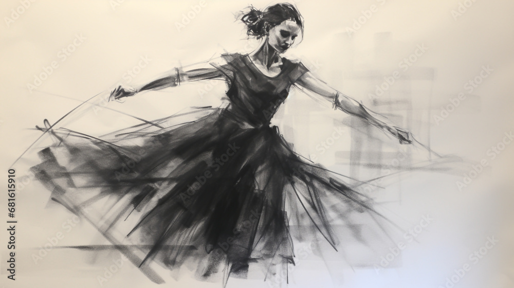 Black charcoal pencil drawing of a young active ballet dancing lady in ...