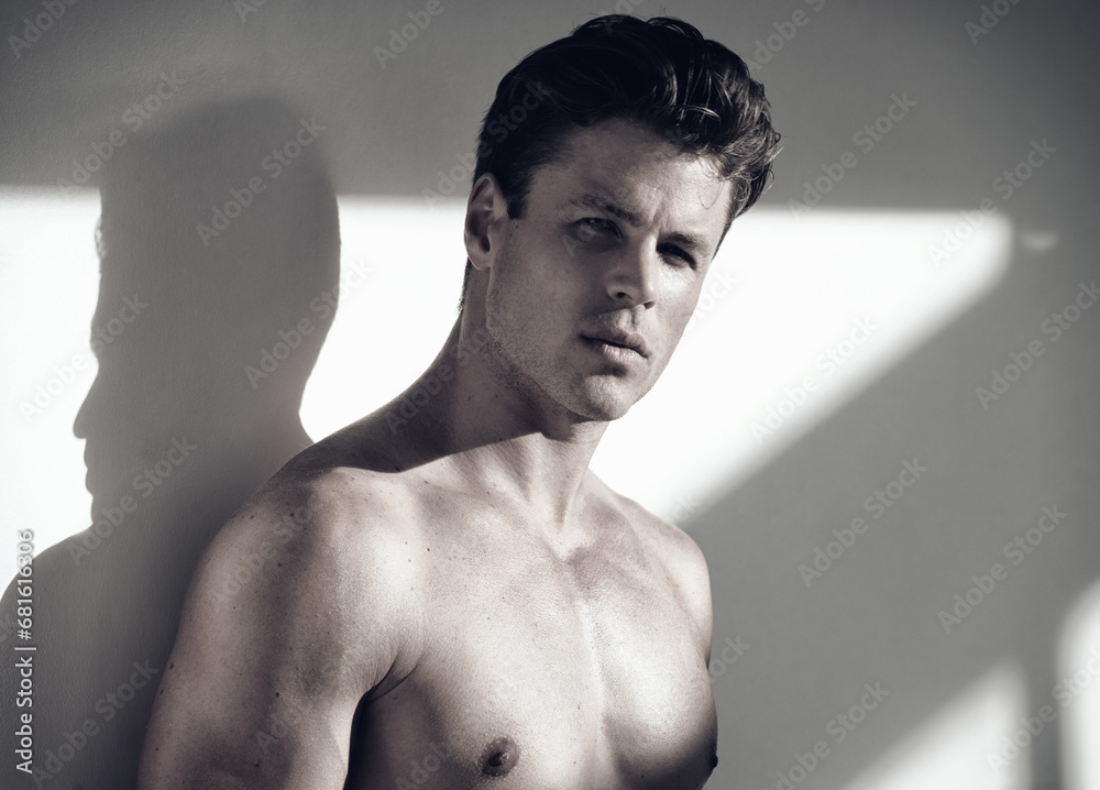 Fitness, portrait of young muscular man with confident, attractive and ...