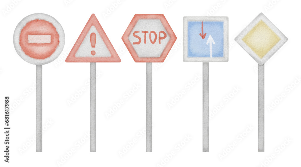 Road Sign set. Watercolor illustration of traffic signpost. Hand drawn ...