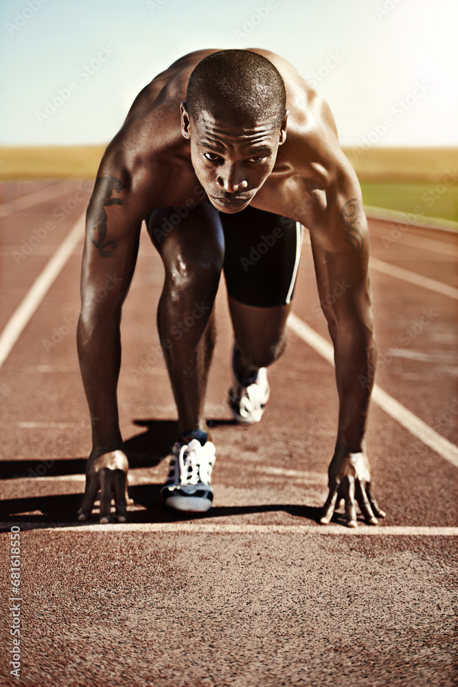 Portrait, man and ready for race, track and field with practice for ...