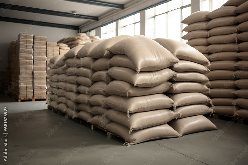 Goods stored in modern commercial warehouse. Sacks deposited in storage ...