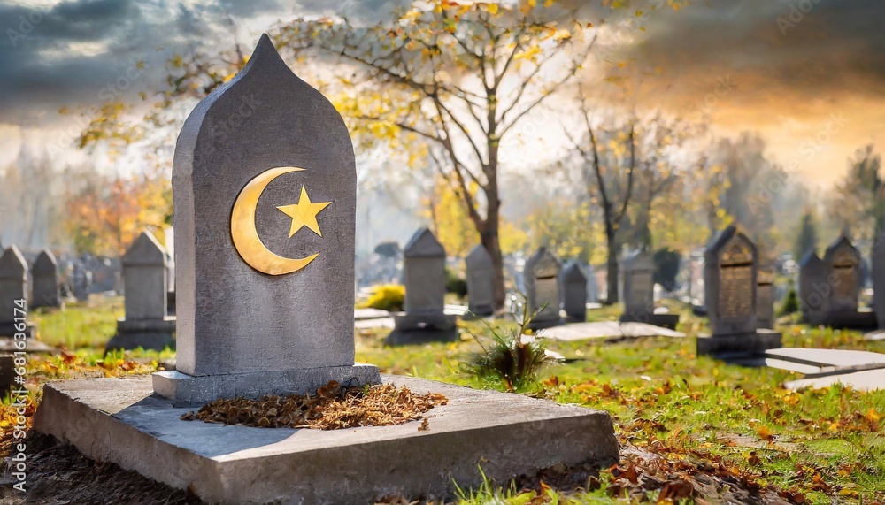 Cemetery with Muslim symbol seal and star symbol on tombstone. Stock ...