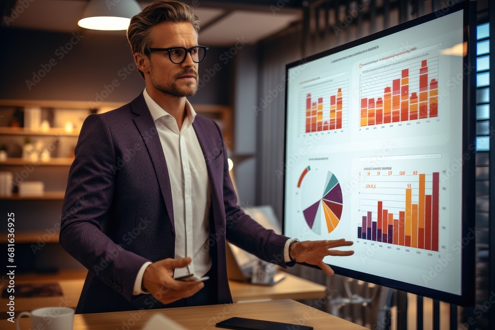 Business consultant presenting analysis with interactive charts on a ...