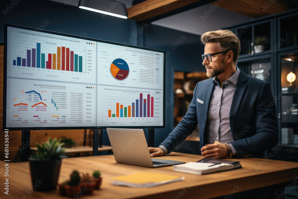 Business consultant presenting analysis with interactive charts on a ...