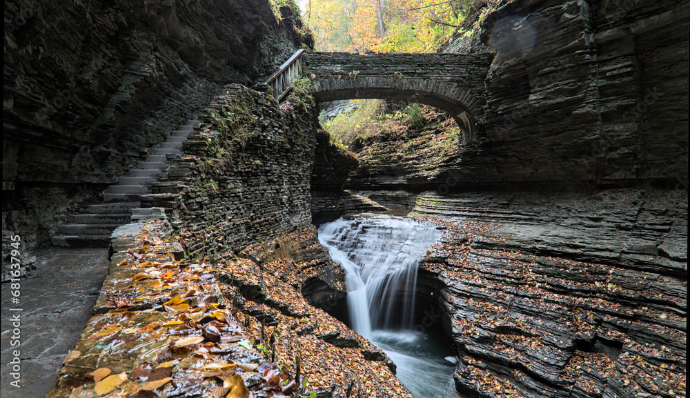 rainbow falls at watkins glen state park (waterfall in a gorge with ...