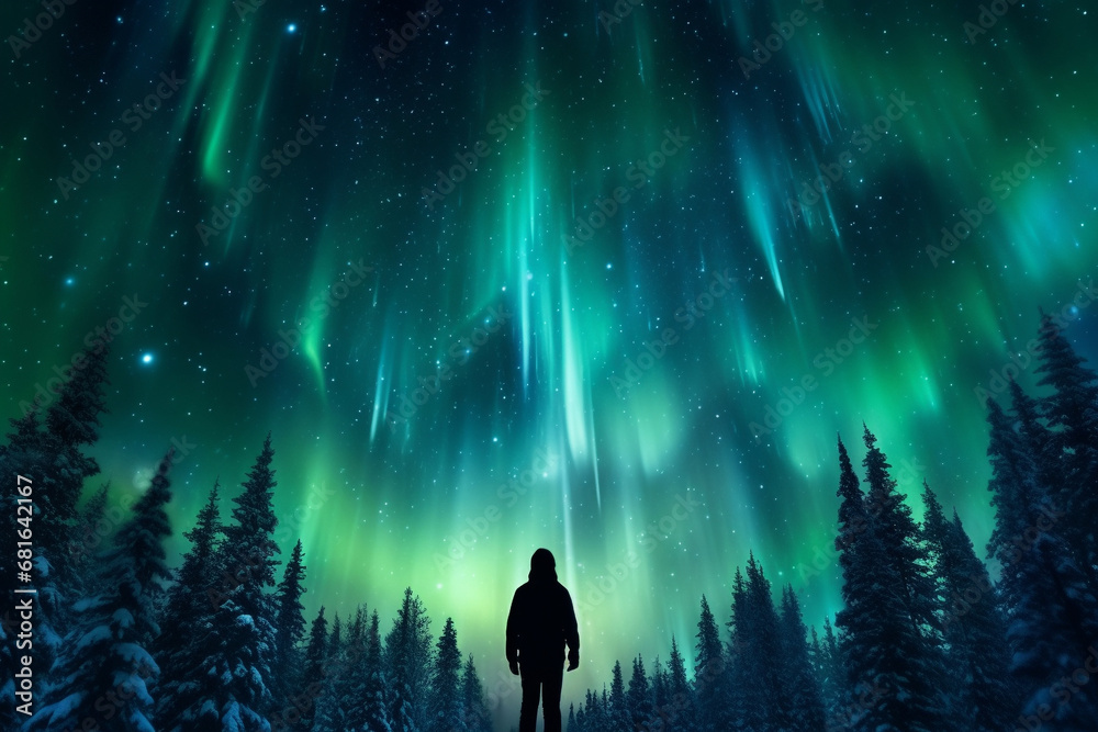 human with Aurora in night sky showcases boundless beauty of stars and ...