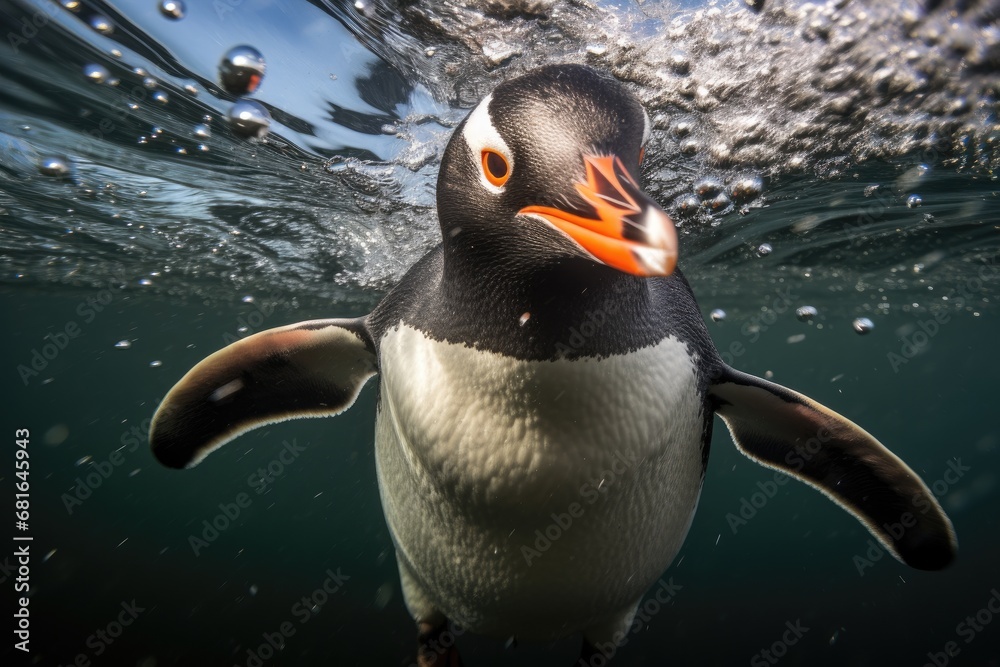 Gentoo penguin swimming in the ocean with bubbles in the water, Gentoo ...