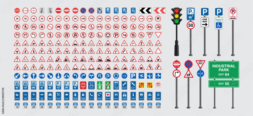 Set of road signs and traffic light vectors. Traffic signs collection ...