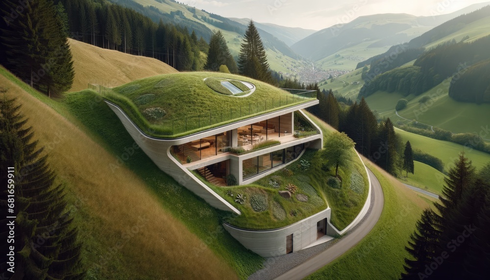 A unique house with modern architecture is seamlessly integrated into a ...