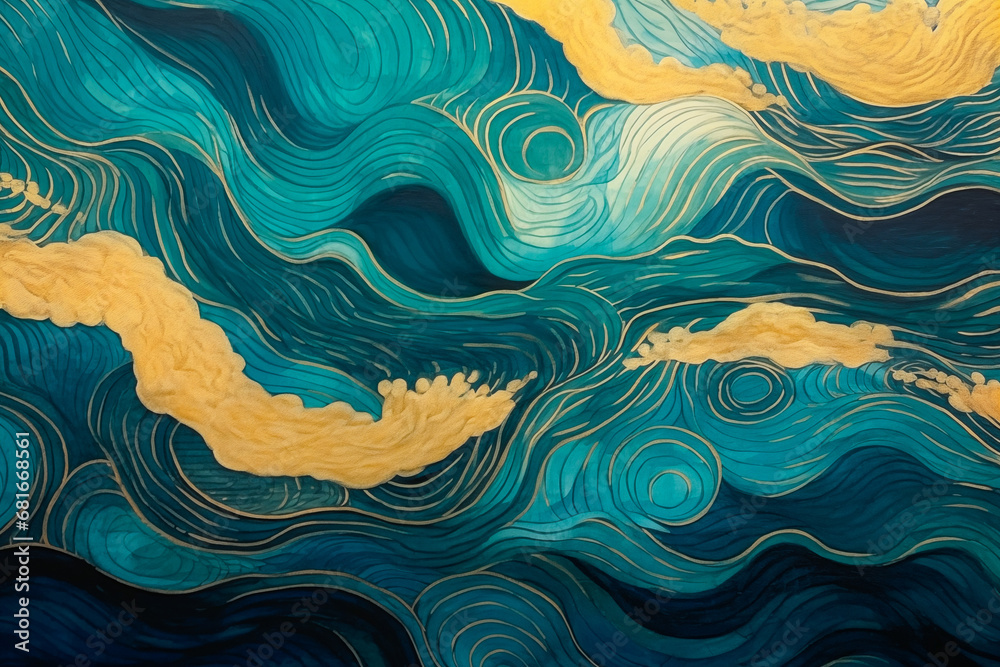 Magical fairytale ocean waves art painting. Unique teal and gold wavy ...