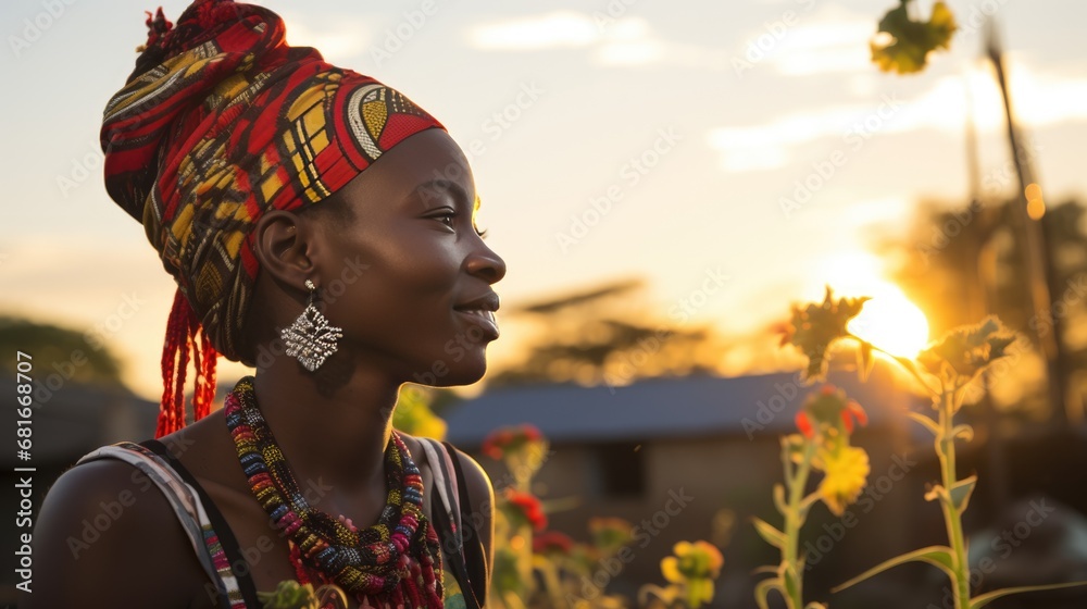 African woman wearing traditional national clothing and head wrapper ...