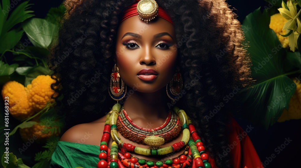 African woman wearing traditional national clothing and head wrapper ...