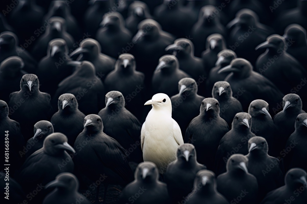 Standing Out in the Crowd: The Solitary White Bird Alone Among Many ...