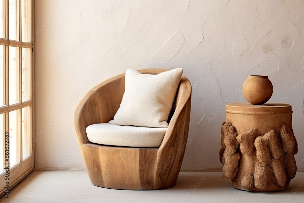 Rustic wooden barrel chair with fabric cushion and root ball wooden end ...