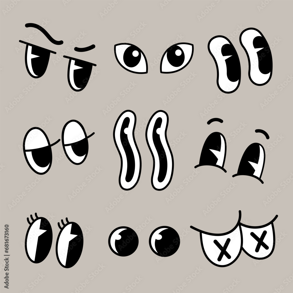 Retro cartoon funny eyes. Groovy vintage 30s 60s 70s eyes with various ...