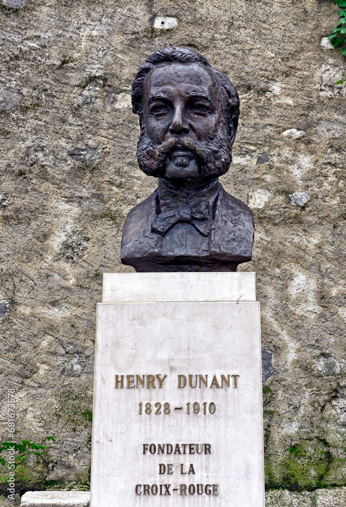 Geneva, Switzerland, Europe - statue of Genevan Henry Dunant - founder of Red Cross and laureate ...
