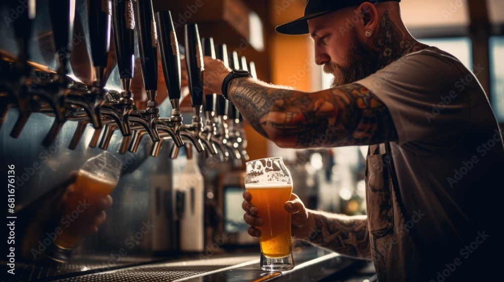 Close up daylight photo of tatooed bartender filling beer mug from ...