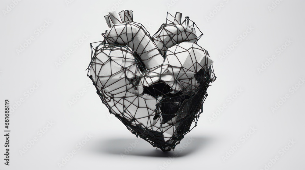 a black and white sculpture of a heart with multiple pieces of wire in ...